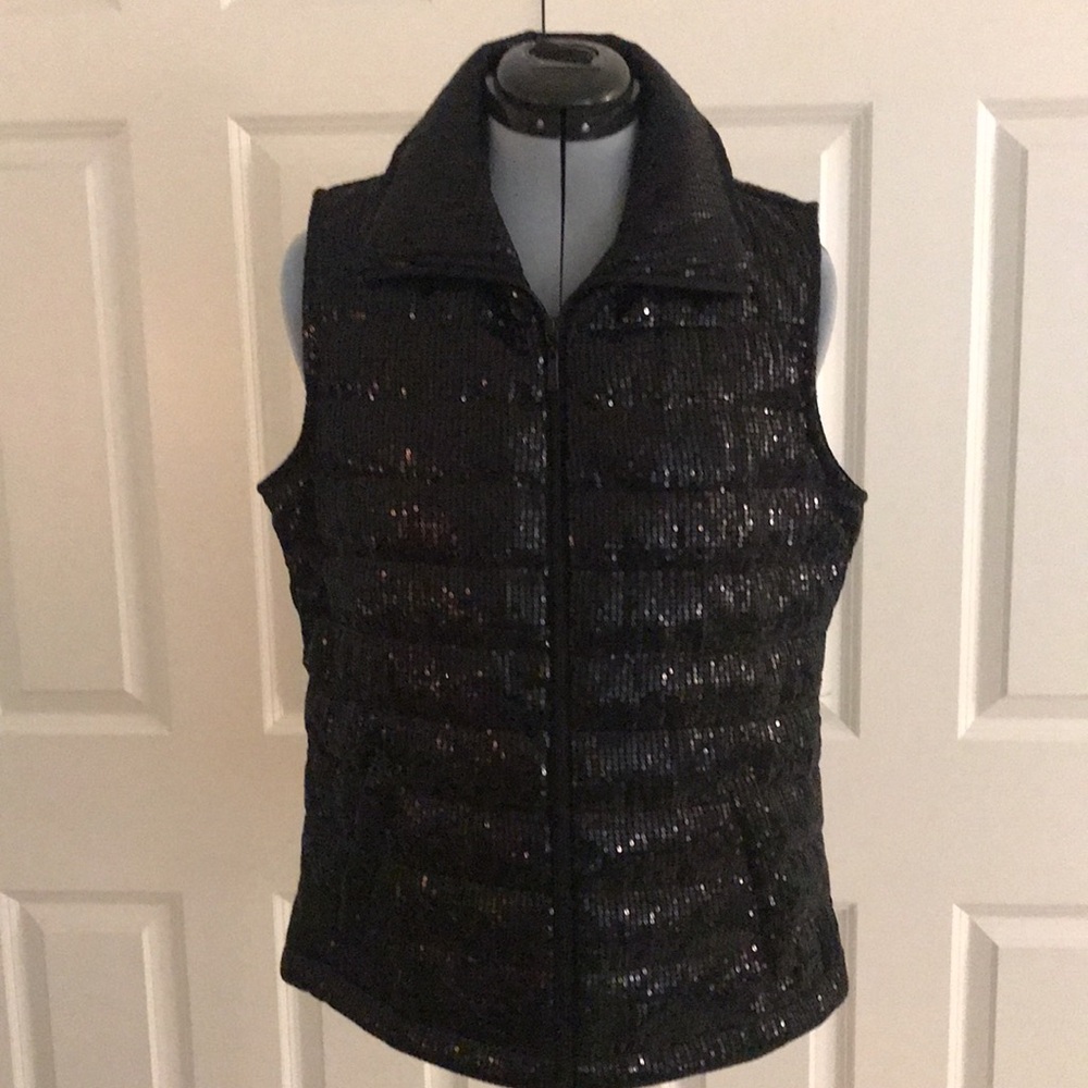Laura Ashley Black Sequin Puffer Vest Sparkle Size Me… - Gem